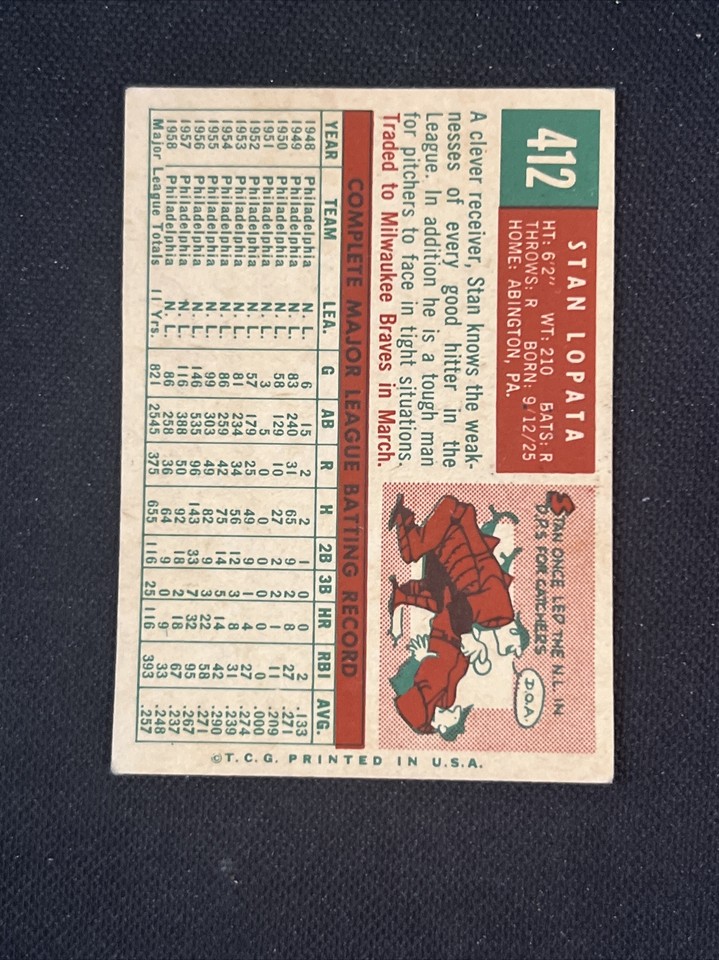 1959 Topps #412 Stan Lopsta EX Philadelphia Phillies *35 | eBay
