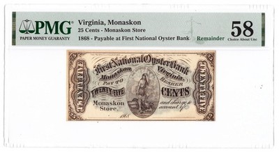 1868 25c TwentyFive First National Oyster Bank Remainder Note Monaskon ...
