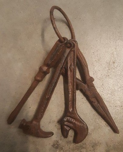 Set of 4 Cast Iron Tools on a Ring rustic brown finish home garden ...