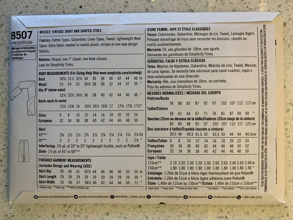 Simplicity Sewing Pattern 8507 H5 Misses' Vintage Skirt and Stole S6-14 ...