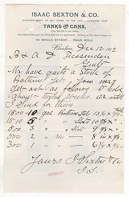 1892 ISAAC SEXTON CO LETTERHEAD HUB OIL CANS TANKS CRACKER BROAD ST ...