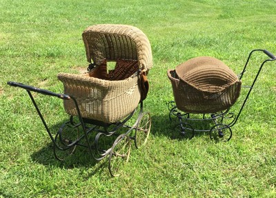 2 PC Antique Wicker Baby Stroller & Wicker Baby Doll Carriage Both ...