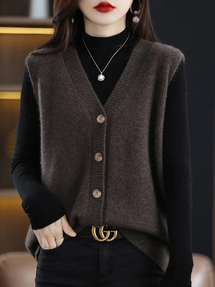 New Women's Loose High-End Knit Vest V-Neck Solid Color Button ...