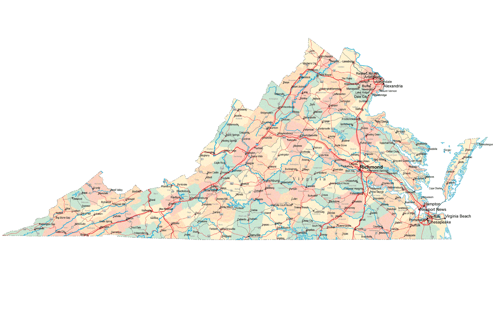 VIRGINIA STATE ROAD MAP GLOSSY POSTER PICTURE PHOTO PRINT city highway ...