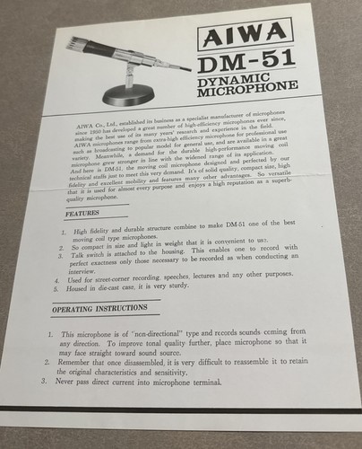 AIWA DM-51 Dynamic Microphone Spec Sheet Advertising Operating ...