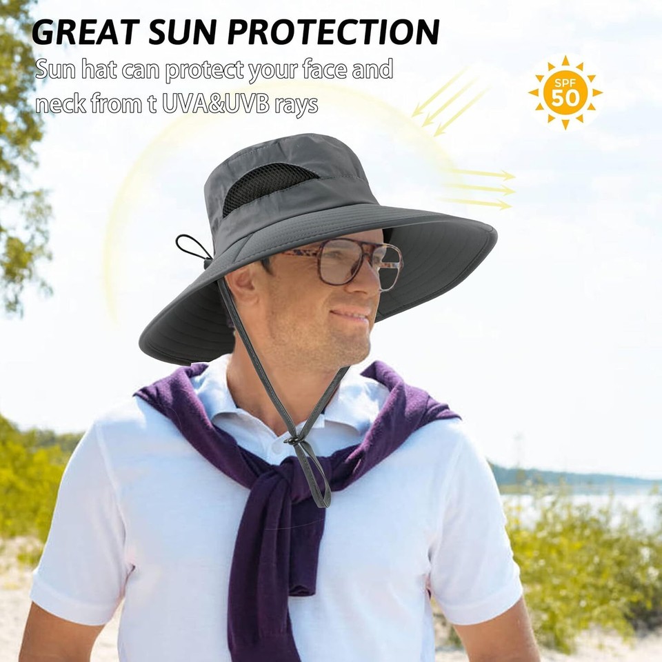 Men Wide Brim Sun Hat UV Protection Bucket Cap For Hiking Camping ...