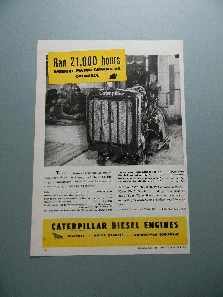 1945 CATERPILLAR DIESEL D4400 ENGINES "RAN 21,000 HOURS..." SALES ART ...