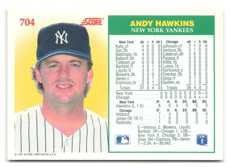 1991 Score Andy Hawkins #704 New York Yankees BASEBALL Card | eBay