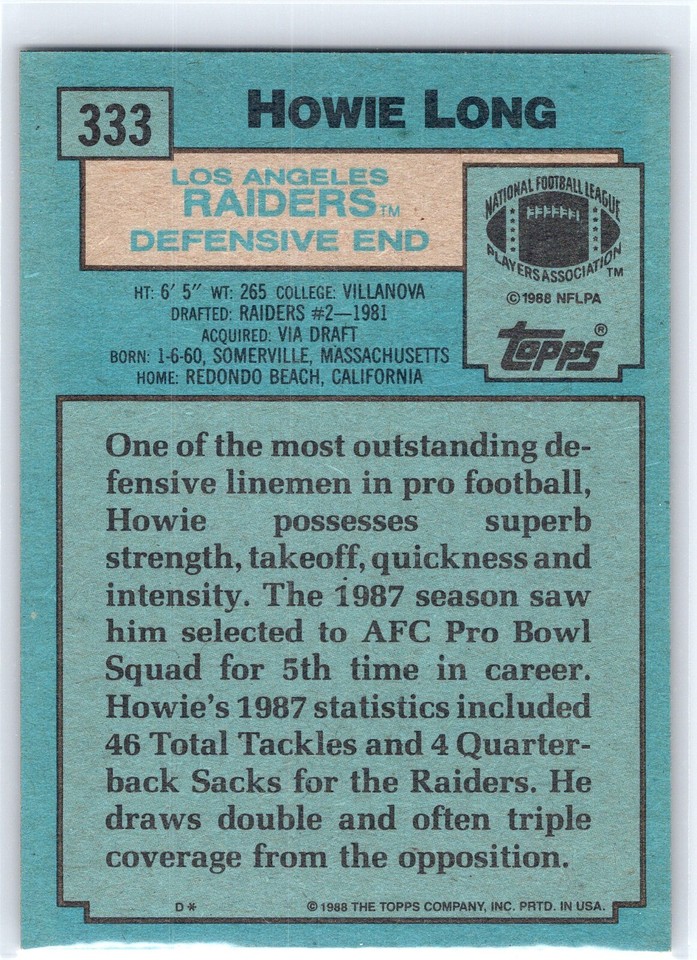 HOWIE LONG 1988 Topps Los Angeles Raiders Football Card #333 | eBay