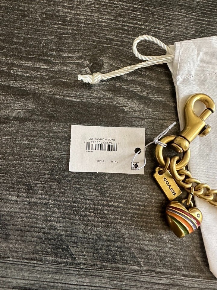 NWT Coach Motif Chain Bag Charm Rexy Tea Rose Cherries Heart Brass ...