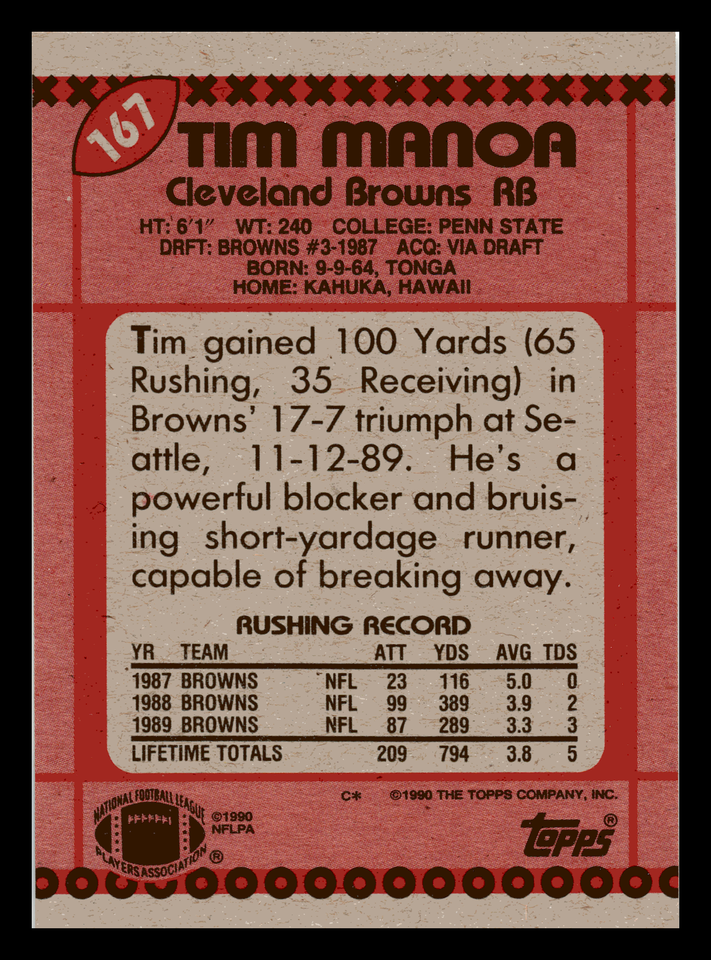 1990 Topps Tim Manoa RC Rookie Cleveland Browns #167 Centered Mint | eBay