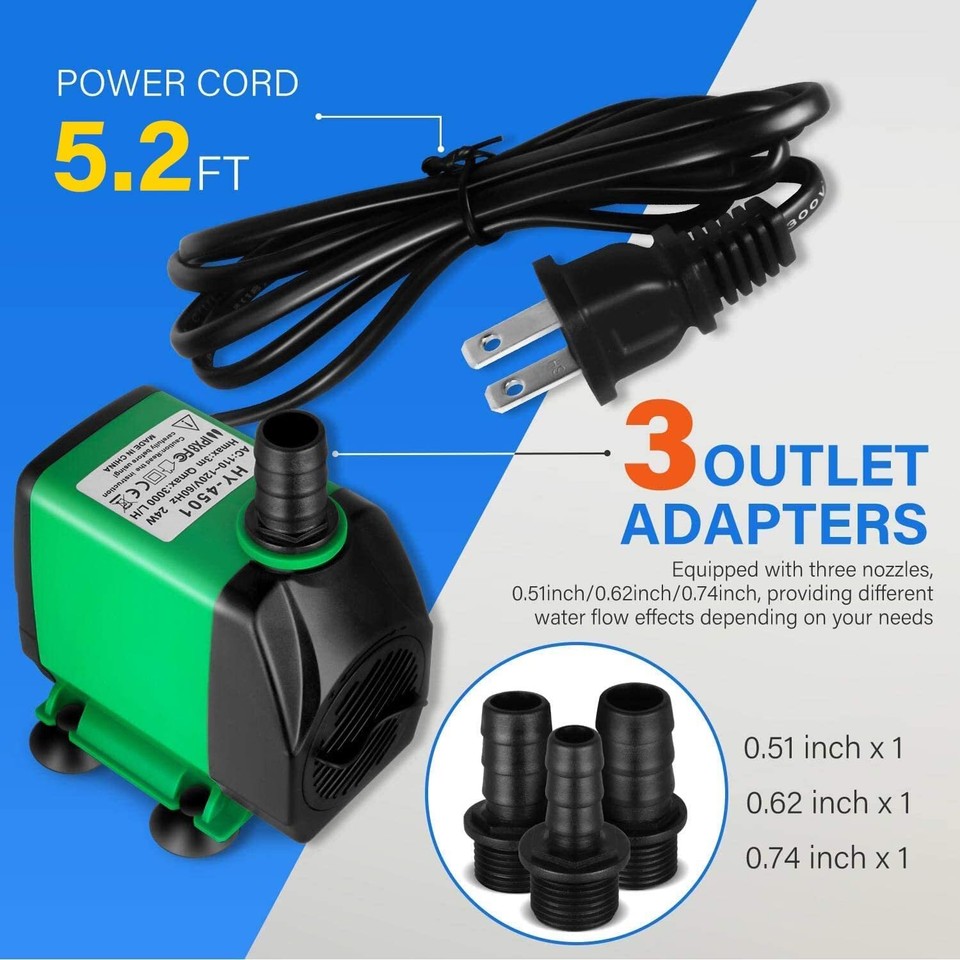60W 800GPH Submersible Pump (3000L/H) 10ft High Lift for Fish Tank ...