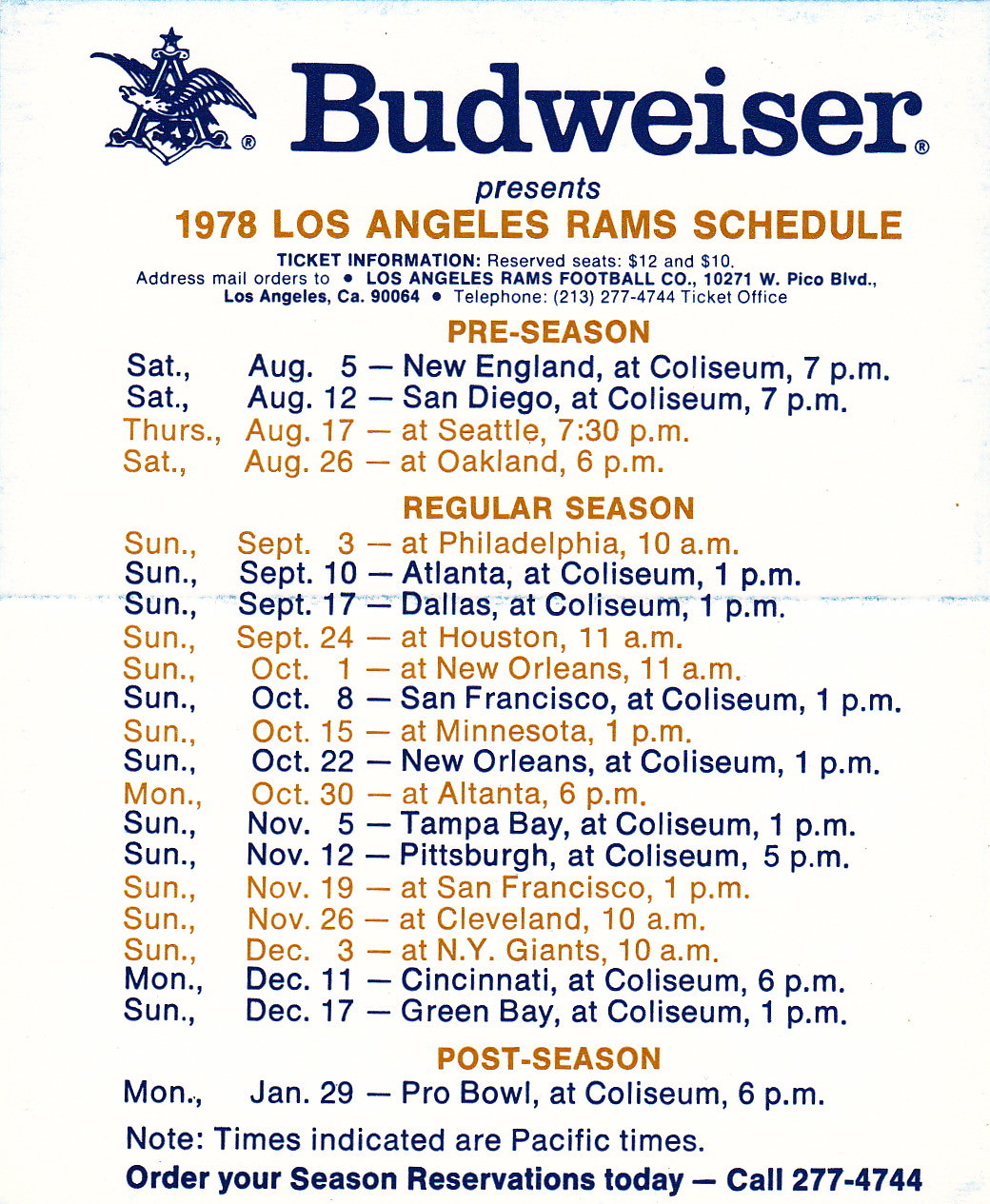 1978 LOS ANGELES RAMS FOOTBALL POCKET SCHEDULE - UNFOLDED | eBay