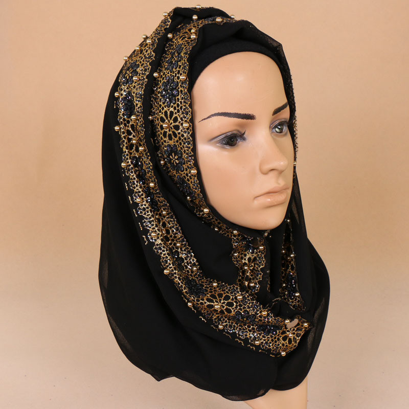 Fashion Flower Lace Bead Muslim Long Scarf Hijab Islamic Shawls Arab ...