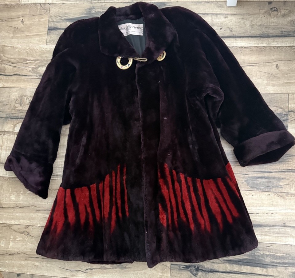 Zuki Sheared Beaver Extra Large Dyed Aubergine Red Stripe 40” Coat ...