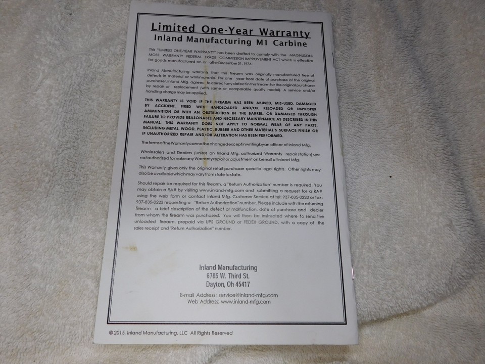 Inland Manufacturing M1 Carbine Owner's Manual - M1-M1A1 .30 Caliber ...