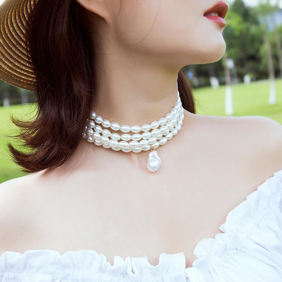 Multi Layer Pearl Necklace Boho Geometric Pendant Women Beach Chain ...