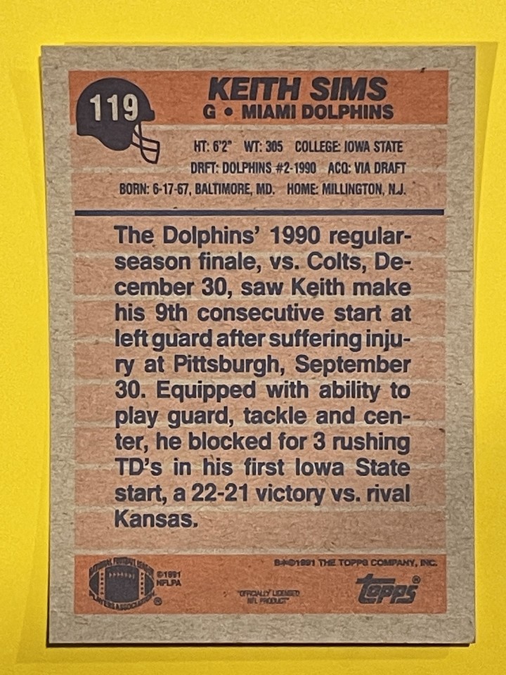 Keith Sims 1991 Topps Base #119 Miami Dolphins | eBay