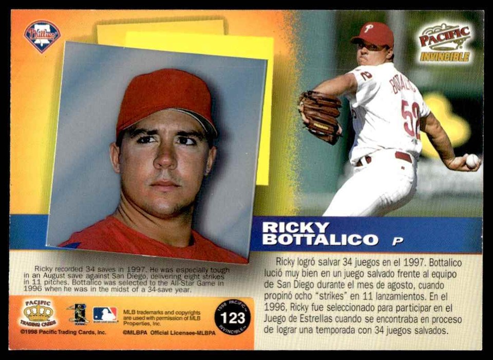 1998 Pacific Invincible Gold Ricky Bottalico Philadelphia Phillies #123 ...
