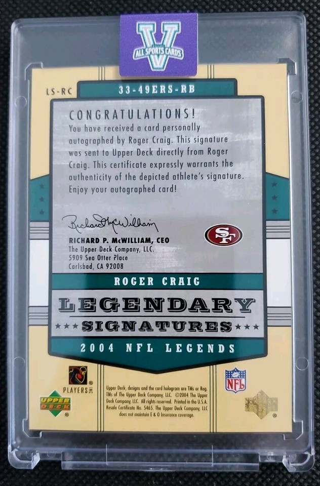 2004 Upper Deck Roger Craig Auto Autograph Legendary Signatures 49ers # ...