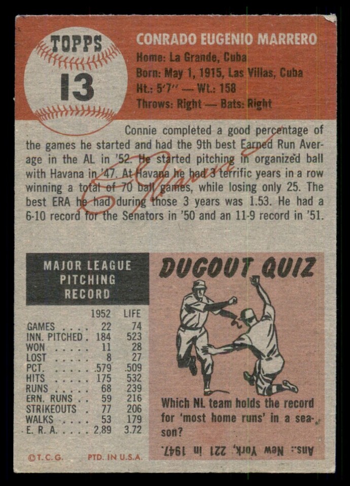 1953 Topps Connie Marrero #13 VG MK Baseball Card | eBay