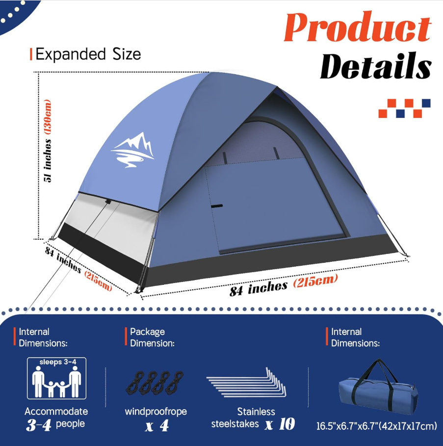 3-4 Person Camping Tent Waterproof Windproof Dome Tent for Outdoor ...