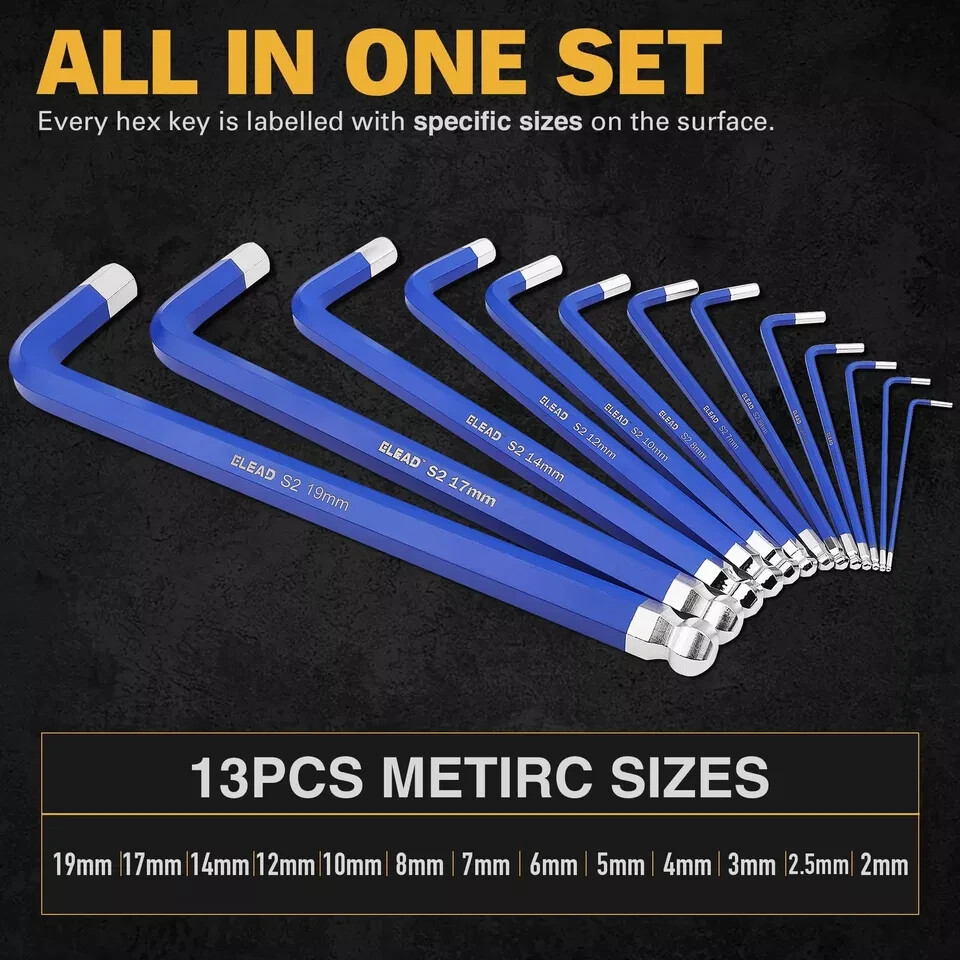 Jumbo Hex Key Allen Wrench Set | 13-Piece Metric 2-19mm | Long Ball End ...