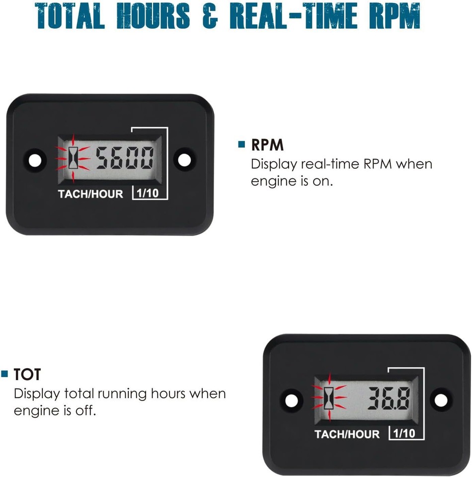 Inductive Tachometer/ Tach Hour Meter RPM Gauge Waterproof For Two ...