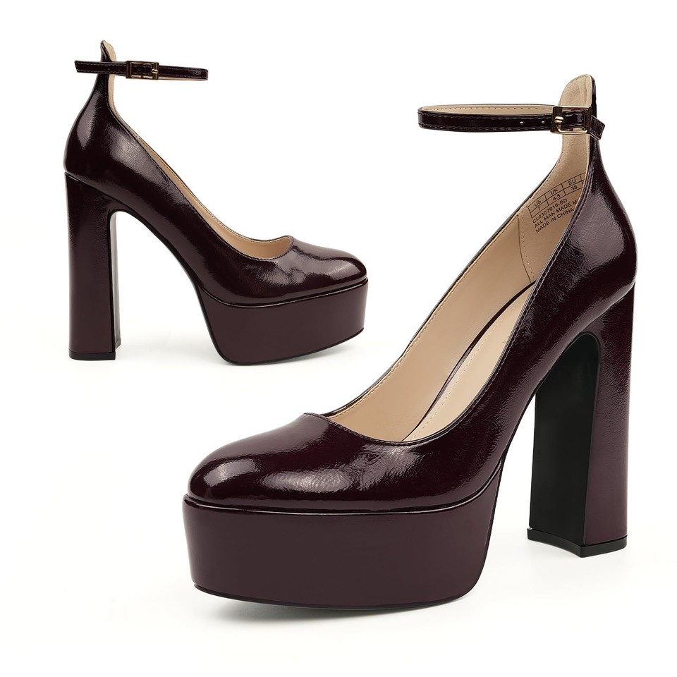 Women Platform Pumps Round Toe Thick High Heeled PU Leather Height ...