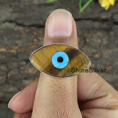 Tiger Eye 925 Sterling Silver Boho Statement Handmade Evil Eye Women ...