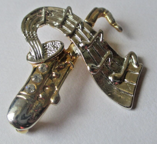 Broche musique saxo partition couleur or et argent cristaux bijou ...