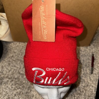 Chicago Bulls Script Spell Out Mitchell & Ness Stocking Hat Adult ...
