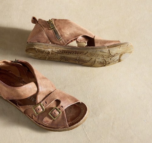 A.S.98 Reiley SOFT Leather Buckle Sandals Flat Peeptoe Whiskey US 8.5-9 ...