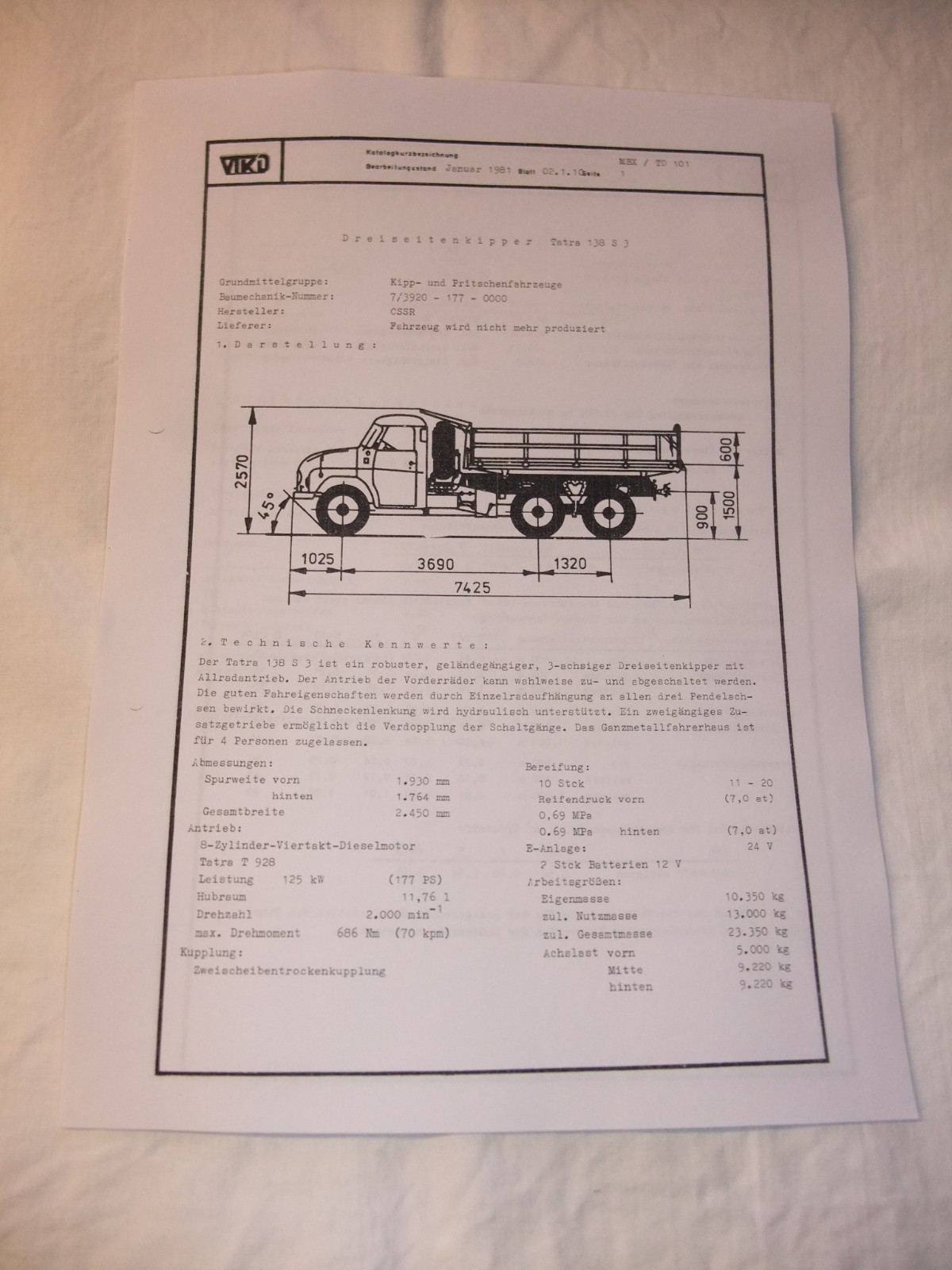 DDR Werbung Reklame Prospekt Datenblatt Dreiseitenkipper Tatra 138 S3 ...