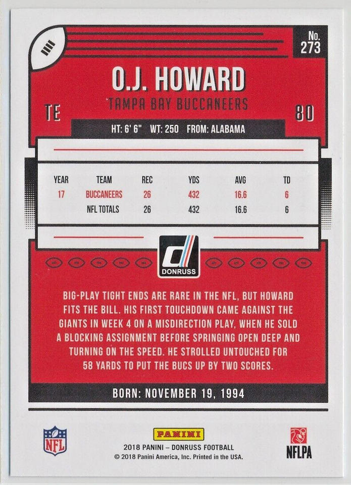 2018 Panini Donruss - O.J. Howard - Tampa Bay Buccaneers - BLUE - #273 ...