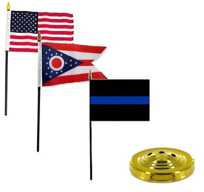 USA / Thin Blue Line / Ohio State 3 Flags 4"x6" Desk Set Table Stick ...