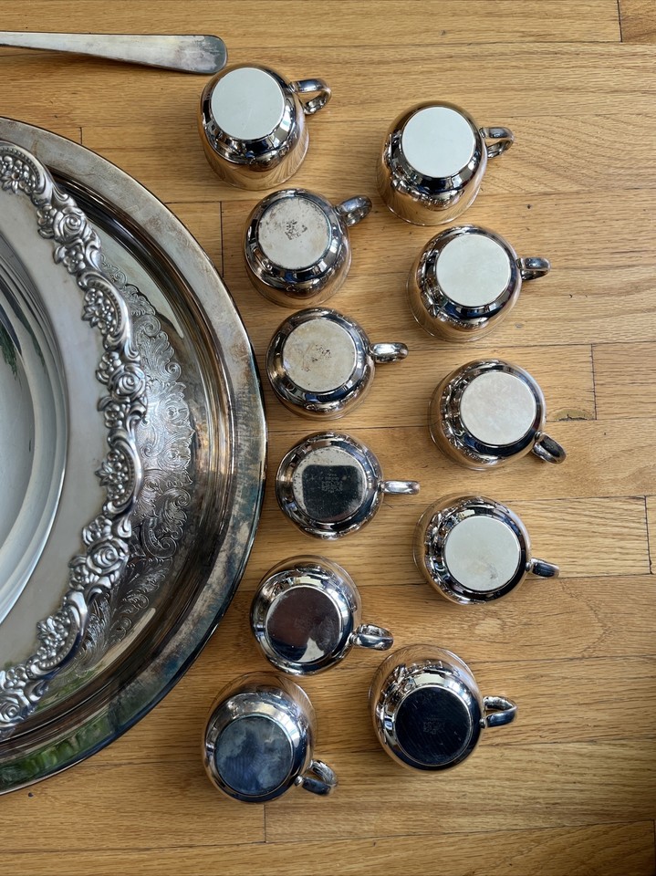 Vintage Oneida De Maurier Silver Plate Punch Bowl Set With 11 Cups ...