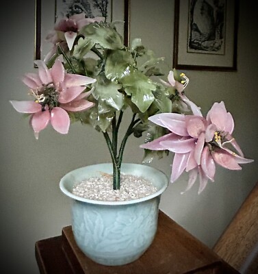 Chinese Celadon Flower Pot Planter Jade Quartz Agate Stone Tree 9.5 ...