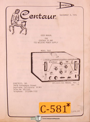 Centaur 7001, 75 amp Tig Welding Power Supply Operations Wiring and ...