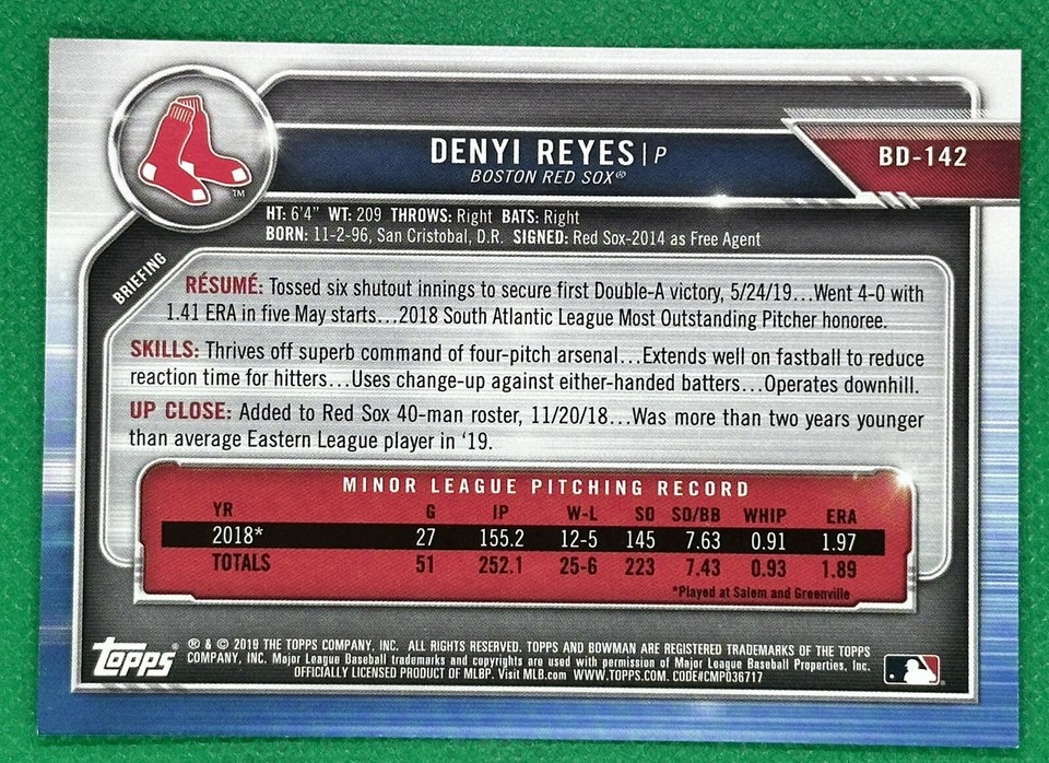 2019 Bowman Draft #BD-142 DENYI REYES Boston Red Sox NICE CARD !!! | eBay
