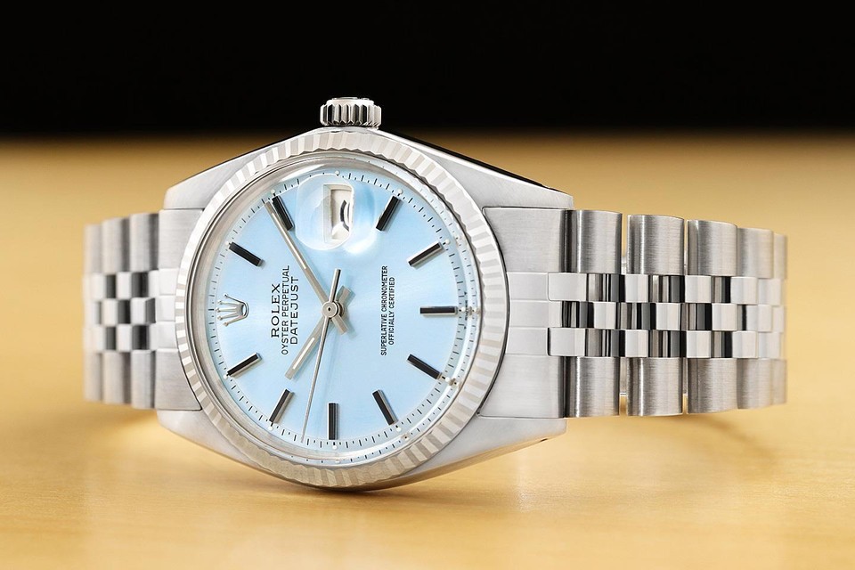 ROLEX MENS DATEJUST ICE BLUE 18K GOLD STAINLESS STEEL WATCH w/ JUBILEE ...
