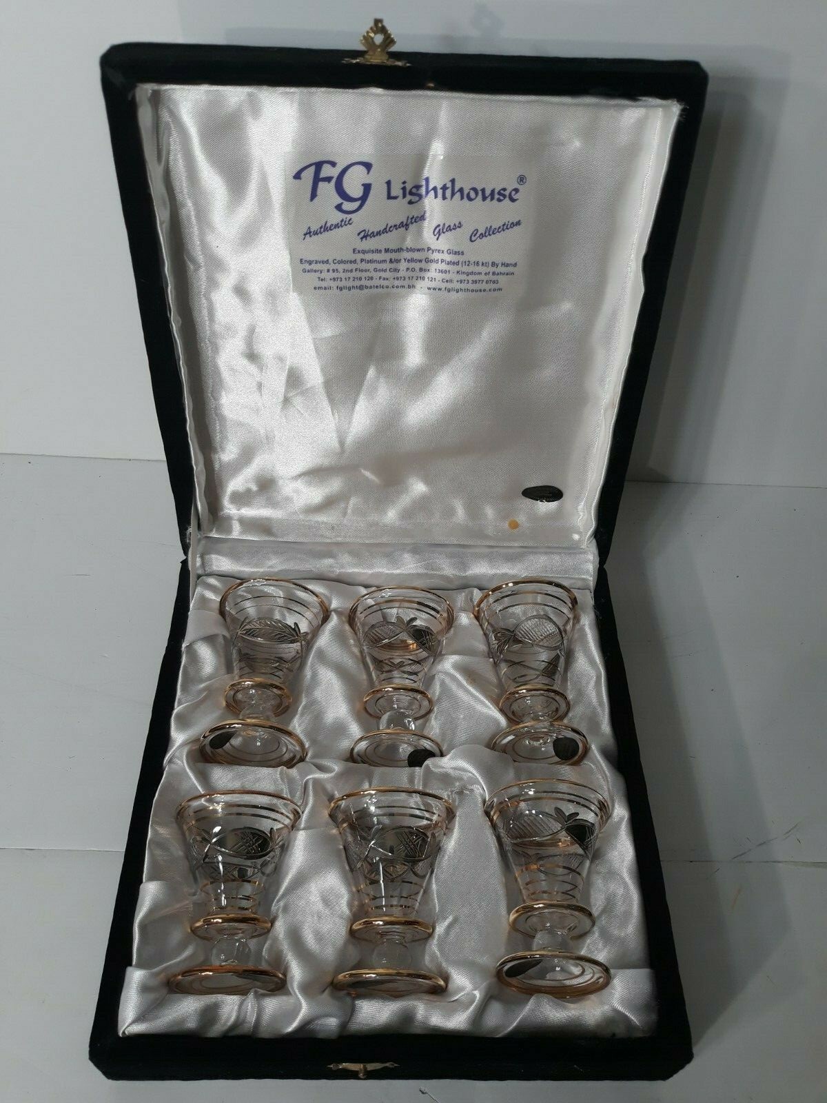 Set Of 6 FG Lighthouse Pyrex Shot Blown Glass Platinum & Gold Plated ...