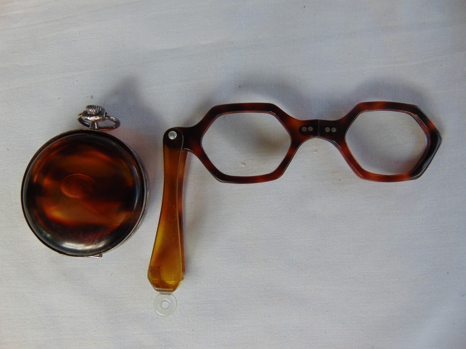 Tortoise Pill Box + Lorgnette Opera Glasses Foldable Readers Faux ...
