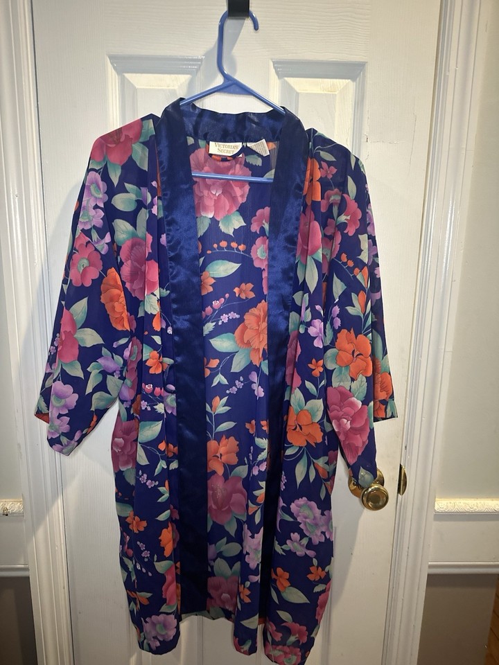 Victoria Secret Vintage Gold Label Floral Blue Satin Kimono Robe With ...