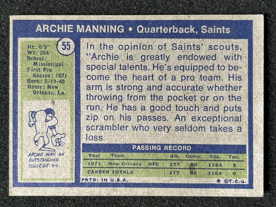 ARCHIE MANNING 1972 Topps #55 Rookie RC Vintage Base SAINTS | eBay