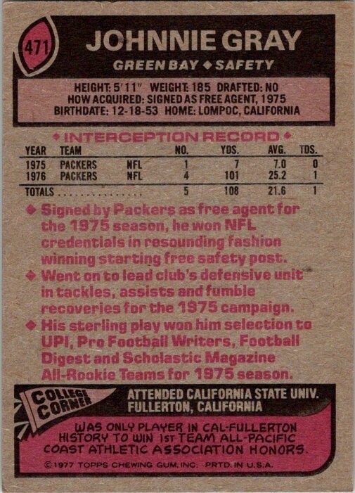 1977 TOPPS FOOTBALL JOHNNIE GRAY NO 471 GREEN BAY PACKERS EX CONDITION ...