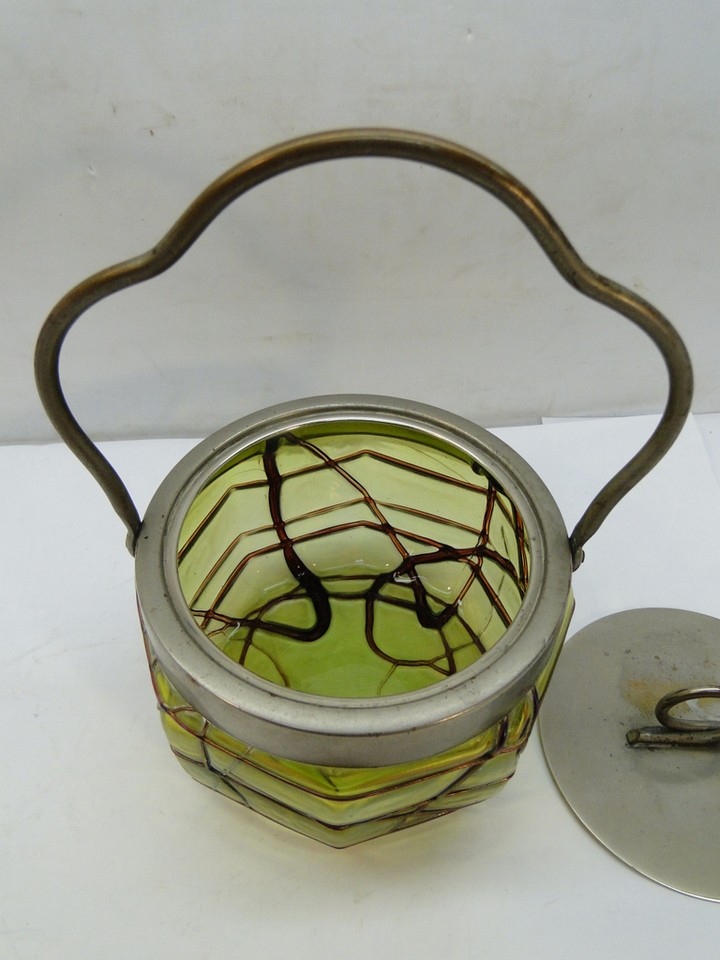ANTIQUE LOETZ BOHEMIAN THREADED ART GLASS PICKLE CASTOR JAM JAR LID ...