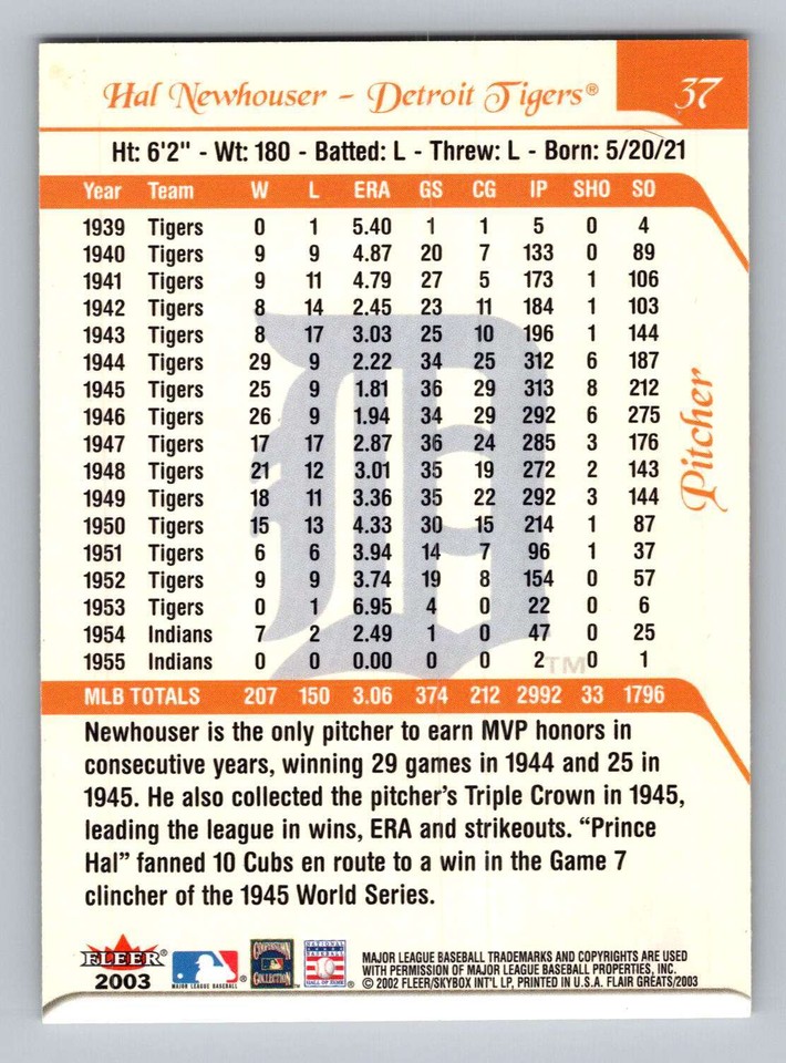 2003 Flair Greats #37 Hal Newhouser Tigers | eBay