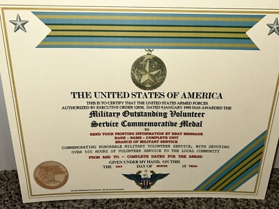 MILITARY OUTSTANDING VOLUNTEER MEDAL COMMEMORATIVE CERTIFICATE ~ W ...