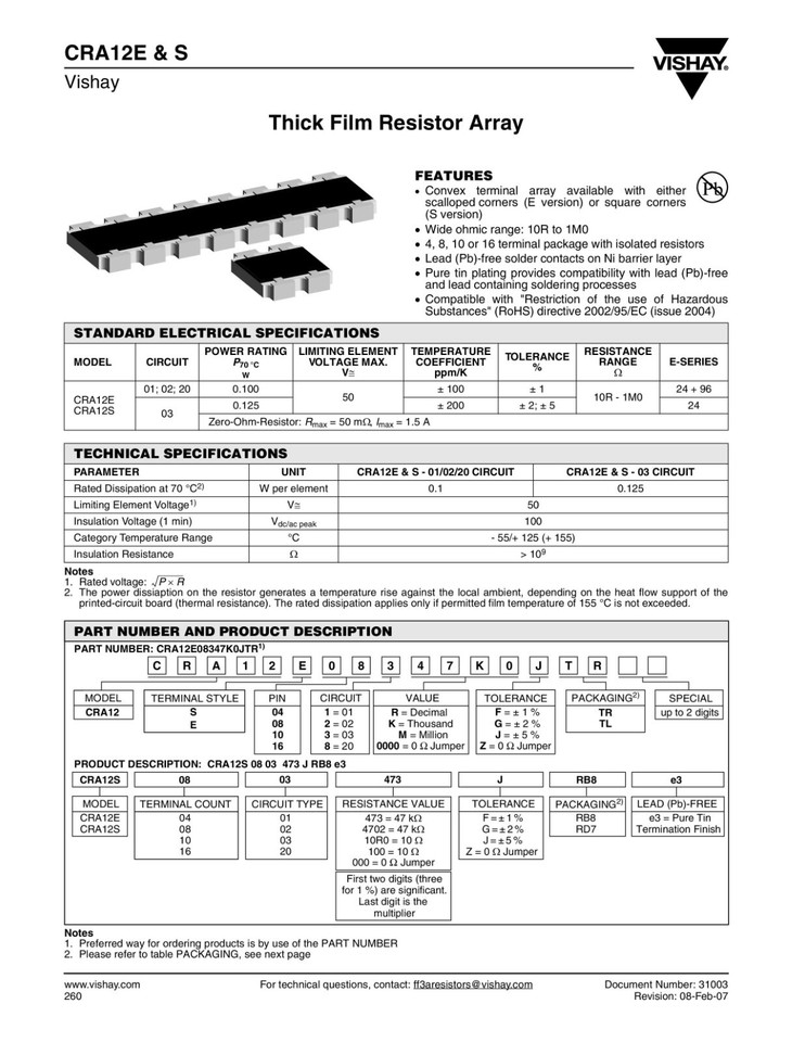 CRA12E0835K60JTR, Vishay, Thick Film Resistor Array, 5600Ω, 5%, 8pin ...